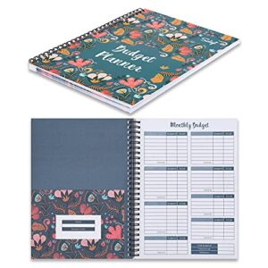 monthly budget planner [undated] with 12 bill pockets for income, debt, saving, expense and bill tracker organizer, blue, floral design