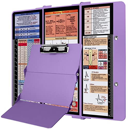 Nursing Clipboard Foldable, Foldable Clipboard w/ Nursing Edition Cheat Sheets,3 Layers Aluminum, Nurse Clipboard w/ Low Profile Clip&Pen Clip Pocket Clipboard for Students, Nurses and Doctors,Purple