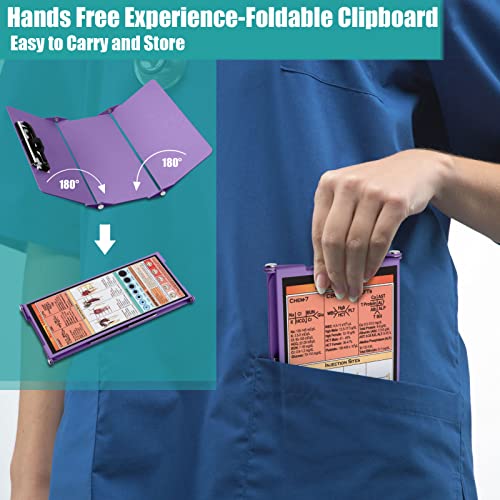 Nursing Clipboard Foldable, Foldable Clipboard w/ Nursing Edition Cheat Sheets,3 Layers Aluminum, Nurse Clipboard w/ Low Profile Clip&Pen Clip Pocket Clipboard for Students, Nurses and Doctors,Purple