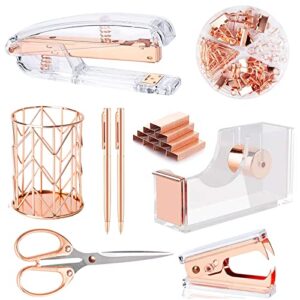 famassi rose gold desk accessories，office supplies set acrylic stapler set staple remover, tape holder, pen holder, 2 ballpoint pen, scissor, binder clips, paper clips and 1000pcs staples.