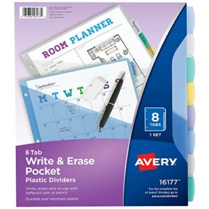 avery 8-tab plastic binder dividers with pockets, write & erase multicolor big tabs, 1 set (16177)