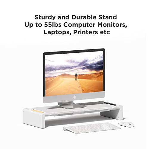 Monitor Stand Riser, OImaster Foldable Computer Monitor Riser, Adjustable Height Computer Stand and Storage Drawer & Pen Slot, Phone Stand Compatible Computer, Desktop, Laptop, Save Space (White)