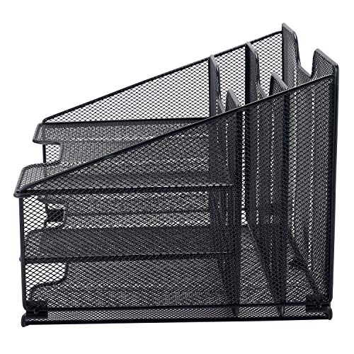 samstar Mesh Desk File Organizer Letter Tray Holder, Desktop File Folder Holder with 3 Paper Trays and 2 Vertical Upright Section, Black.