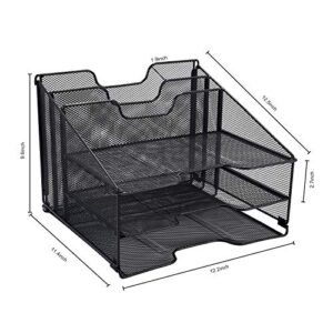 samstar Mesh Desk File Organizer Letter Tray Holder, Desktop File Folder Holder with 3 Paper Trays and 2 Vertical Upright Section, Black.