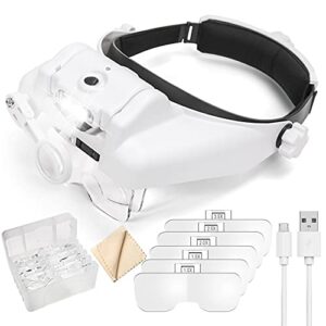 dilzekui head mount magnifier with led light, rechargeable headband magnifier, head-mounted magnifying glass with 6 detachable lens, handsfree magnifying glasses for jewelers loupe, crafts, repair