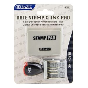 bazic date stamp and ink pad (black ink), 12 years of dates, nickel-plated steel, stamp impression size 1″ x 0.15″, great for office, shipping, receiving, accounting, expiration, due dates, 1-pack