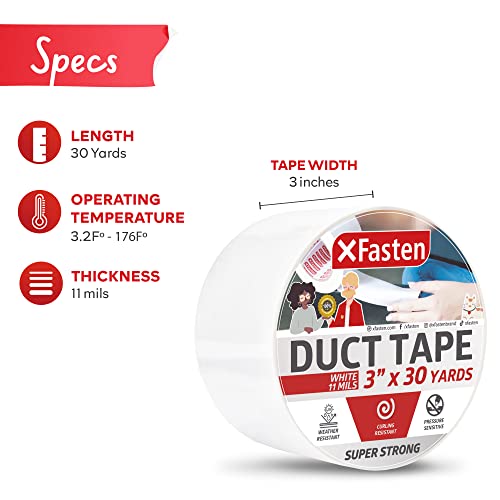 XFasten Super Strong Duct Tape, White, 3" x 30 Yards, Waterproof Duct Tape for Outdoor, Indoor, School and Industrial Use