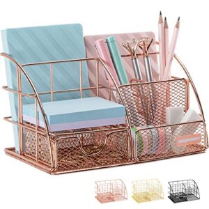 aupsen rose gold desk organizer for women, mesh office supplies desk accessories, features 5 compartments + 1 mini sliding drawer