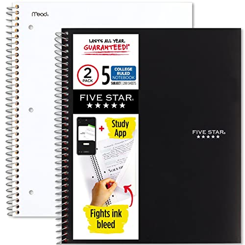 Five Star Spiral Notebooks Plus Study App, 2 Pack, 5 Subject, College Ruled Paper, 11" x 8-1/2", 200 Sheets, Black & White (73035)