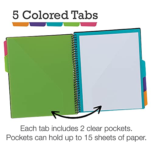 Samsill Fashion Colors 10 Pocket, 5 Subject, Spiral Project Organizer with 5 Dividers, Customizable Front Cover, Erasable Write On Tabs in Fashion Colors, Plastic Folders with Pockets