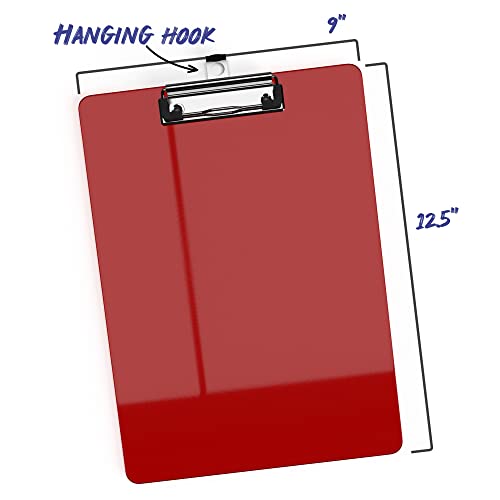 Kiggos 6 Pack Plastic Clipboards Colored Transparent Clear Clip Boards Low Profile Metal Clip Board 12.5 x 9 Inch Letter Size Bulk Class Set Acrylic Clip Boards with Hanging Hook - Holds 100 Sheets