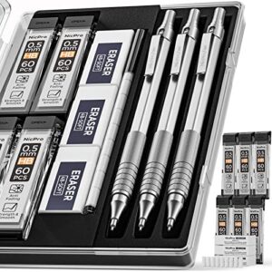 nicpro 0.5 mm mechanical pencils set with case, 3 metal artist pencil with 6 tubes hb lead refills, 3 erasers, eraser refills for architect art writing drafting,drawing, engineering, sketching, silver