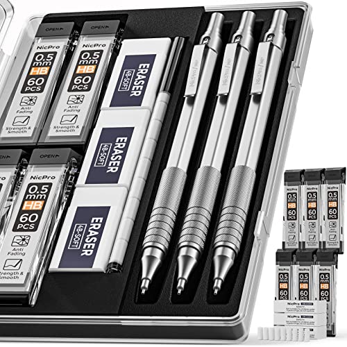 Nicpro 0.5 mm Mechanical Pencils Set with Case, 3 Metal Artist Pencil With 6 Tubes HB Lead Refills, 3 Erasers, Eraser Refills For Architect Art Writing Drafting,Drawing, Engineering, Sketching, Silver