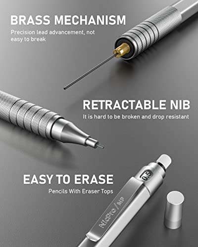 Nicpro 0.5 mm Mechanical Pencils Set with Case, 3 Metal Artist Pencil With 6 Tubes HB Lead Refills, 3 Erasers, Eraser Refills For Architect Art Writing Drafting,Drawing, Engineering, Sketching, Silver