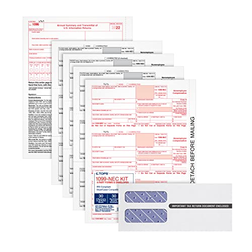 TOPS 1099 NEC Forms 2022, 4 Part Laser/Inkjet 1099 Forms with Self Seal Envelopes, for 30 Recipients, Includes 3 1096 Forms (TX22925NEC-22)