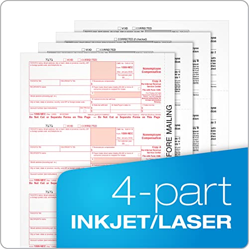 TOPS 1099 NEC Forms 2022, 4 Part Laser/Inkjet 1099 Forms with Self Seal Envelopes, for 30 Recipients, Includes 3 1096 Forms (TX22925NEC-22)