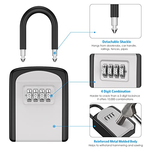 Key Lock Box, Upgraded Lockbox for Keys Outdoor, Key Safe Box, Weatherproof 4 Digit Combination Key Storage Lock Box, 5 Keys Capacity Lockbox with Removable Shackle for Indoor Outdoor, 3.66inch