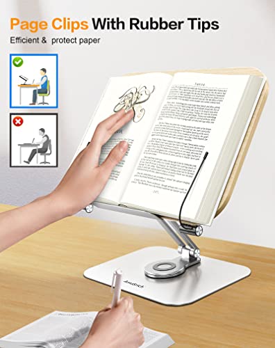 Book Stand for Reading, Amasrich Adjustable Holder with 360° Rotating Base & Page Clips, Foldable Desktop Ricer for Cookbook,Sheet Music,Laptop,Recipe,Textbook,Hands Free,Wood,Aluminium