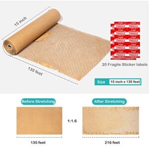 MCfleet 15"x135' Honeycomb Packing Paper Wrap Roll, Eco Friendly Packaging Material for Moving Shipping Gift Wrapping with 20 Fragile Stickers, Protective Recycled Cushion Wrap Suppliers Kraft Brown