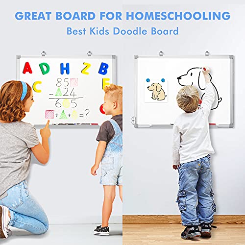 Magnetic White Board 24 x 18 Dry Erase Board Wall Hanging Whiteboard with 3 Dry Erase Pens, 1 Dry Eraser, 6 Magnets, 2' x 1.5' Message Scoreboard for School Home Office