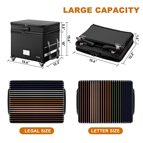 DocSafe File Box with Lock, Multi-Layer Fireproof Document Box with Wheels,Collapsible Rolling File Storage Organizer Box with Pockets,Large Portable Home Office Filing Cabinet for Hanging Folders