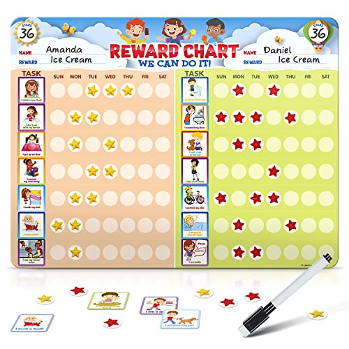 Chore Chart for Multiple Kids, Behavior Chart for Kids at Home, Dry Erase, and Magnetic Reward Chart for 2 Kids, Includes 54 Chores