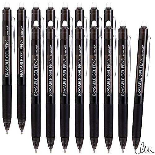 sunacme Erasable Pens, Black Retractable Gel Pens Clicker 16 Pack Fine Point Gel Ink Pen for Smooth Writing, Planners, Taking Note