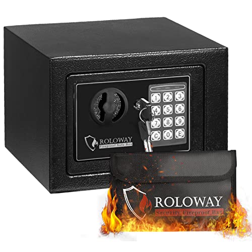 ROLOWAY Steel Money Safe Box for Home with Fireproof Money Bag for Cash Safe Hidden, Security Safe Box for Money Safe with Keys, Lock Box Fireproof Safe with Keypad Lock (Black)