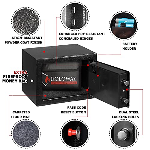 ROLOWAY Steel Money Safe Box for Home with Fireproof Money Bag for Cash Safe Hidden, Security Safe Box for Money Safe with Keys, Lock Box Fireproof Safe with Keypad Lock (Black)