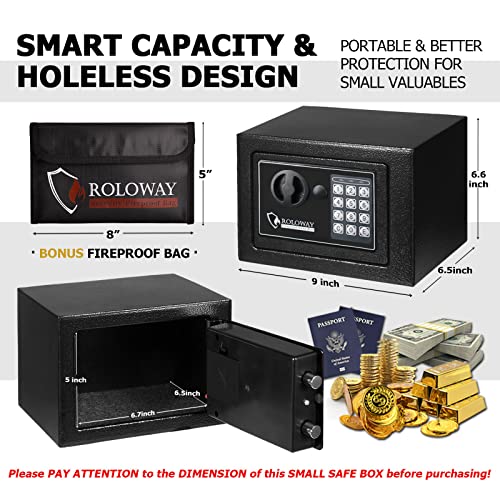 ROLOWAY Steel Money Safe Box for Home with Fireproof Money Bag for Cash Safe Hidden, Security Safe Box for Money Safe with Keys, Lock Box Fireproof Safe with Keypad Lock (Black)