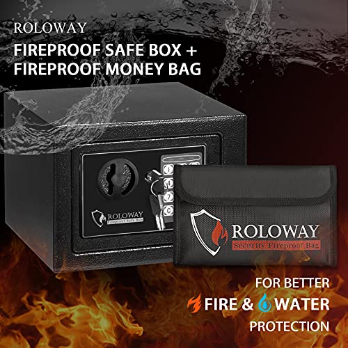 ROLOWAY Steel Money Safe Box for Home with Fireproof Money Bag for Cash Safe Hidden, Security Safe Box for Money Safe with Keys, Lock Box Fireproof Safe with Keypad Lock (Black)