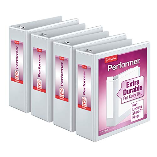 Cardinal Performer 3-Ring Binders, 3", Non-Locking Slant-D Rings, 725-Sheet Capacity, ClearVue Presentation, Non-Stick, PVC-Free, White, 4-Pack (27600)