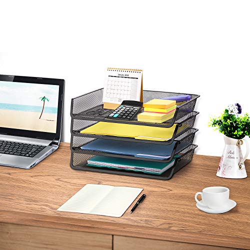 4 Pack - Simple Trending Stackable Office Desk Supplies Organizer, Desktop File Document Letter Tray Holder Organizer, Black