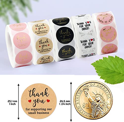 Thank You Stickers Small Business - 5 Rolls 2500 Pieces Thank You Stickers Labels for Envelopes, Bubble Mailers and Gift Bags Packaging , 1 Inch，500 Pieces Each Roll