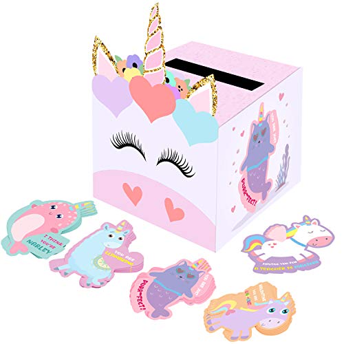 Valentine Boxes for Kids - Unicorn Valentines Day Cards for School Classroom Boys Girls Gifts Exchange & Greeting, Kids Valentines Gift for Party Favor Sets (1 Mailbox/32 Unicorn Cards/1 Teacher Card)