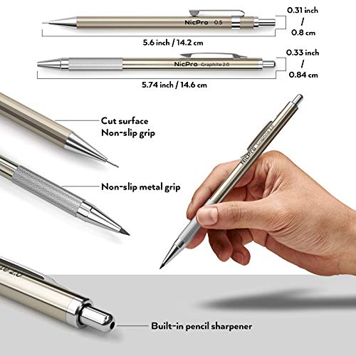 Nicpro 5 PCS Metal Mechanical Pencil Set in Leather Case, 0.3 & 0.5 & 0.7 & 0.9 mm & 2mm Lead Pencil Holders, (4B 2B HB 2H) Lead Refills (Black & Colors), Erasers, For Art Drafting Sketching Drawing