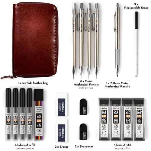 Nicpro 5 PCS Metal Mechanical Pencil Set in Leather Case, 0.3 & 0.5 & 0.7 & 0.9 mm & 2mm Lead Pencil Holders, (4B 2B HB 2H) Lead Refills (Black & Colors), Erasers, For Art Drafting Sketching Drawing