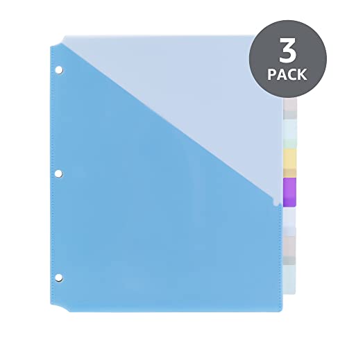 Amazon Basics 8-Tab Plastic Binder Dividers, Rewritable Tabs, with one pocket 3 sets