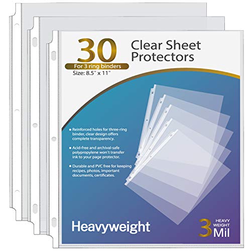 KTRIO Heavyweight Sheet Protectors 8.5 x 11 inch, 3 Mil Clear Page Protectors for 3 Ring Binder, Plastic Sleeves for Binders, Top Loading Paper Protector Letter Size, 30 Pack