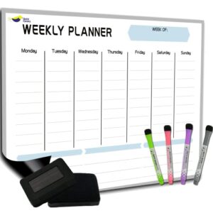 magnetic weekly dry erase board calendar whiteboard- latest premium nano technology stops stains- 17×12” whiteboard calendar for fridge- 4 fine tip markers and large eraser- weekly planner white board