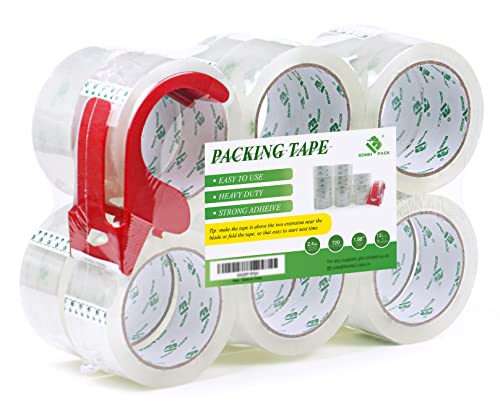 BOMEI PACK 12 Rolls Clear Packing Tape Rolls with Free Dispenser, Heavy Duty Refill Tape for Shipping Moving and Packaging, 2.4Mil 1.88 Inch x 60 Yard