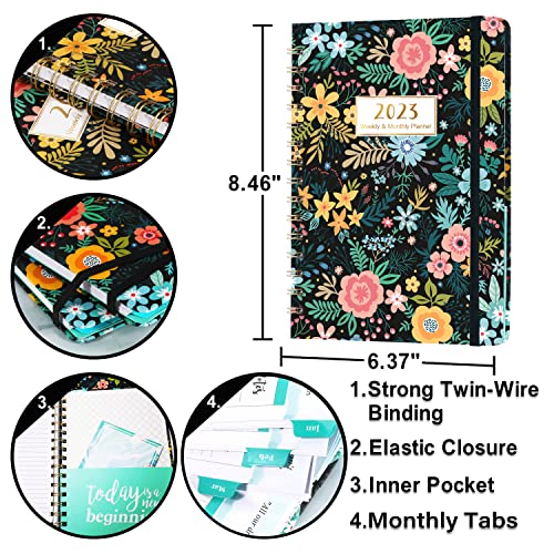 2023 Planner – Weekly and Monthly Planner 2023, Jan 2023 – Dec 2023, 2023 Weekly Monthly Planner with Monthly Tab, 8.46" x 6.37", Twin-Wire Binding, Thick Paper, Back Pocket, Elastic Closure - Black Pattern