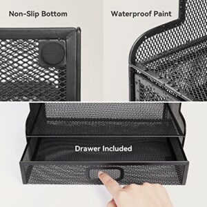 FURNINXS Mesh Desk Organizer with Drawer, Desktop Office Supplies Multi-Functional Caddy Pen Holder Stationery Accessories, Art Storage Supplies for Office Home School, Black