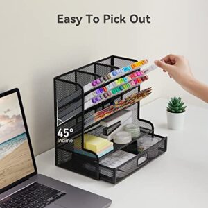 FURNINXS Mesh Desk Organizer with Drawer, Desktop Office Supplies Multi-Functional Caddy Pen Holder Stationery Accessories, Art Storage Supplies for Office Home School, Black