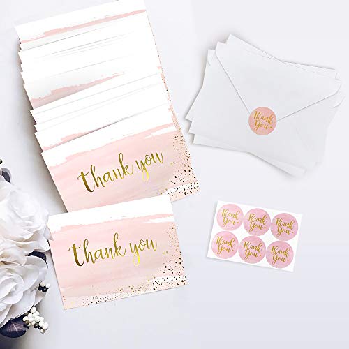 IM-MISE 48-Pack Thank You Cards for Baby Shower | Wedding | Bridal Shower | Business, Blank Notes with Envelopes & Stickers, Gold Foil Watercolor Thank You Greeting Cards