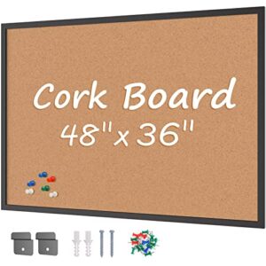 board2by cork board bulletin board 36 x 48, black wood framed 4×3 corkboard, office board for wall cork, large wall mounted notice pin board with 18 push pins for school, home & office