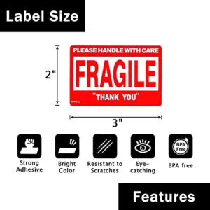 GMKbuy 3 x 2 Inch – 400 Fragile Stickers Roll, Easy Tear, Permanent Adhesive Warning Labels for Shipping Box, Carton, Parcel, Package, Pallet & More