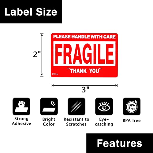 GMKbuy 3 x 2 Inch – 400 Fragile Stickers Roll, Easy Tear, Permanent Adhesive Warning Labels for Shipping Box, Carton, Parcel, Package, Pallet & More