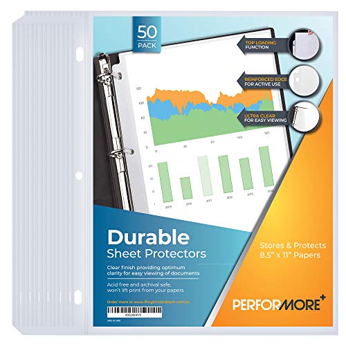 50 Sheet Protectors, Durable Clear Page Protectors 8.5 X 11 Inch for 3 Ring Binder, Plastic Sheet Sleeves, Durable Top Loading Paper Protector with Reinforced Holes, Archival Safe