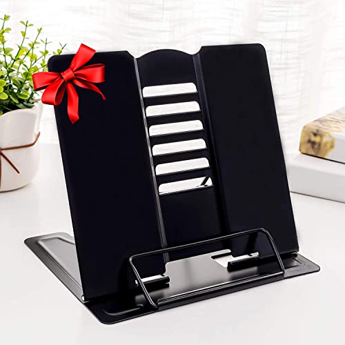 MSDADA Desk Book Stand Metal Reading Rest Book Holder Adjustable Cookbook Documents Holder Portable Sturdy Bookstands for Recipes Textbooks Tablet Music Books with Page Clips (Black)